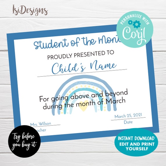 Editable Student of the Month Certificate, Blue Rainbow School Award ...