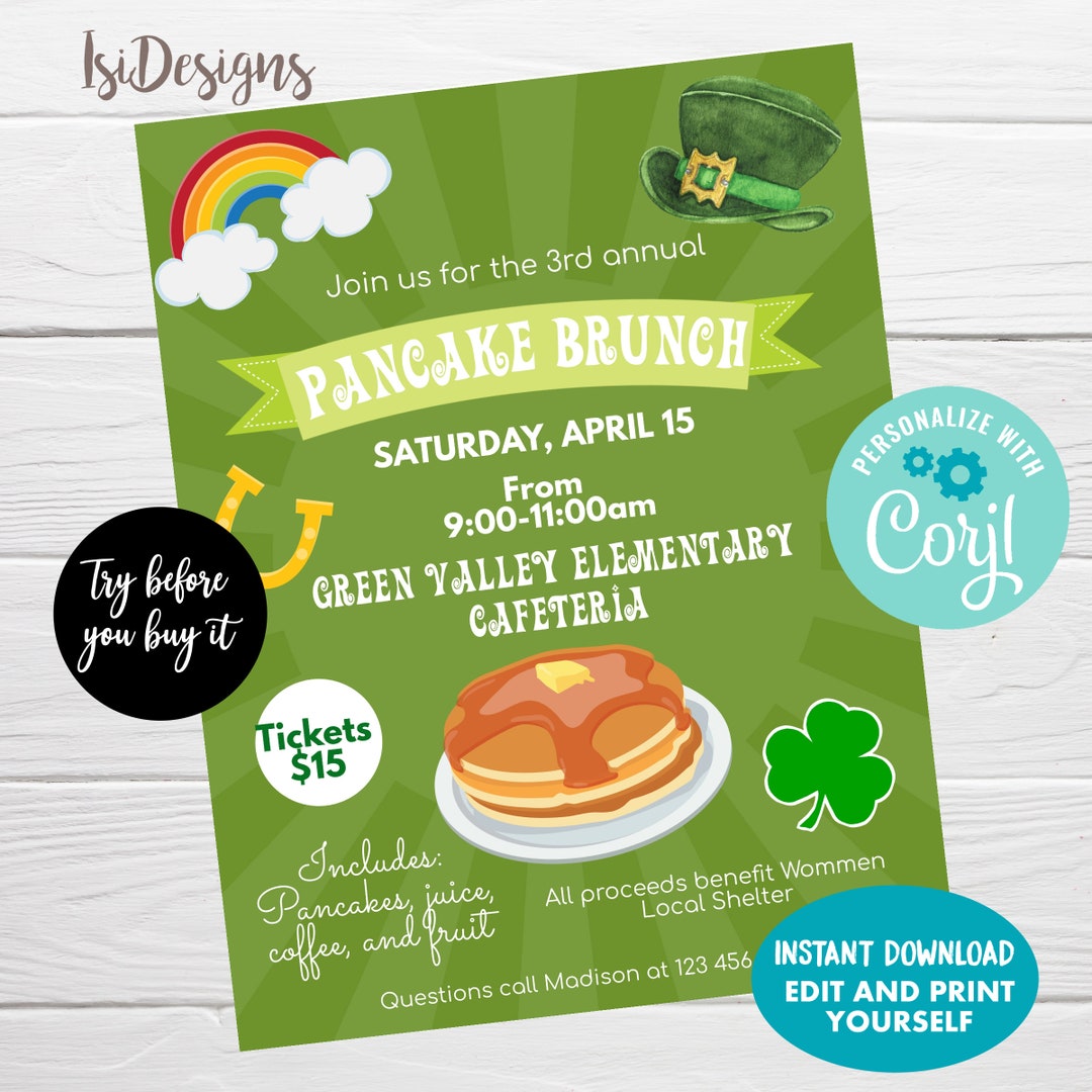 St. Patricks Day Pancake Brunch Editable Flyer, PTO / PTA Fundraiser ...