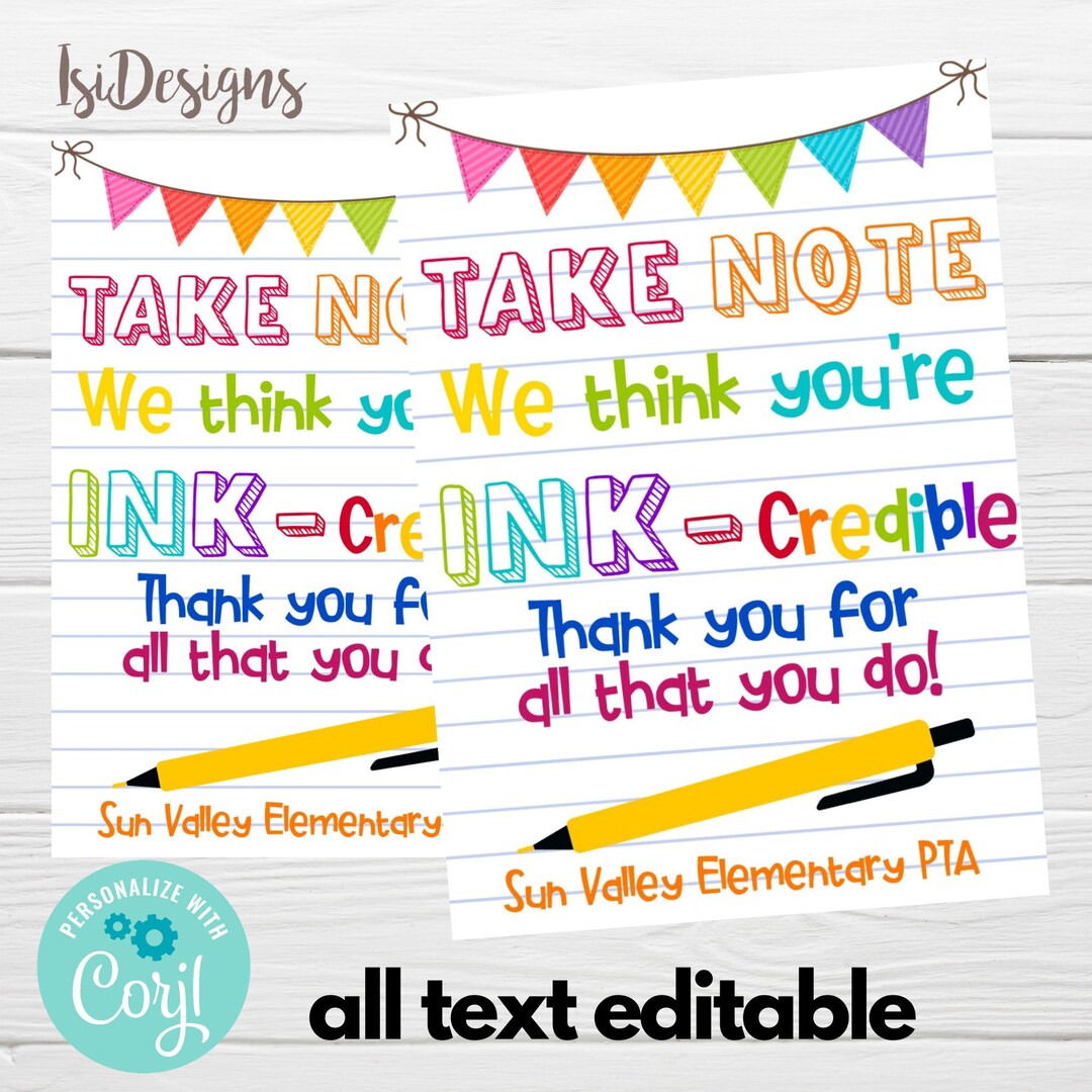 Pen Thank You Gift Tag, Editable Appreciation Gift, Take Note You Are ...