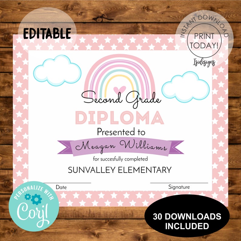 Rainbow Editable Diploma Graduation Certificate Instant - Etsy