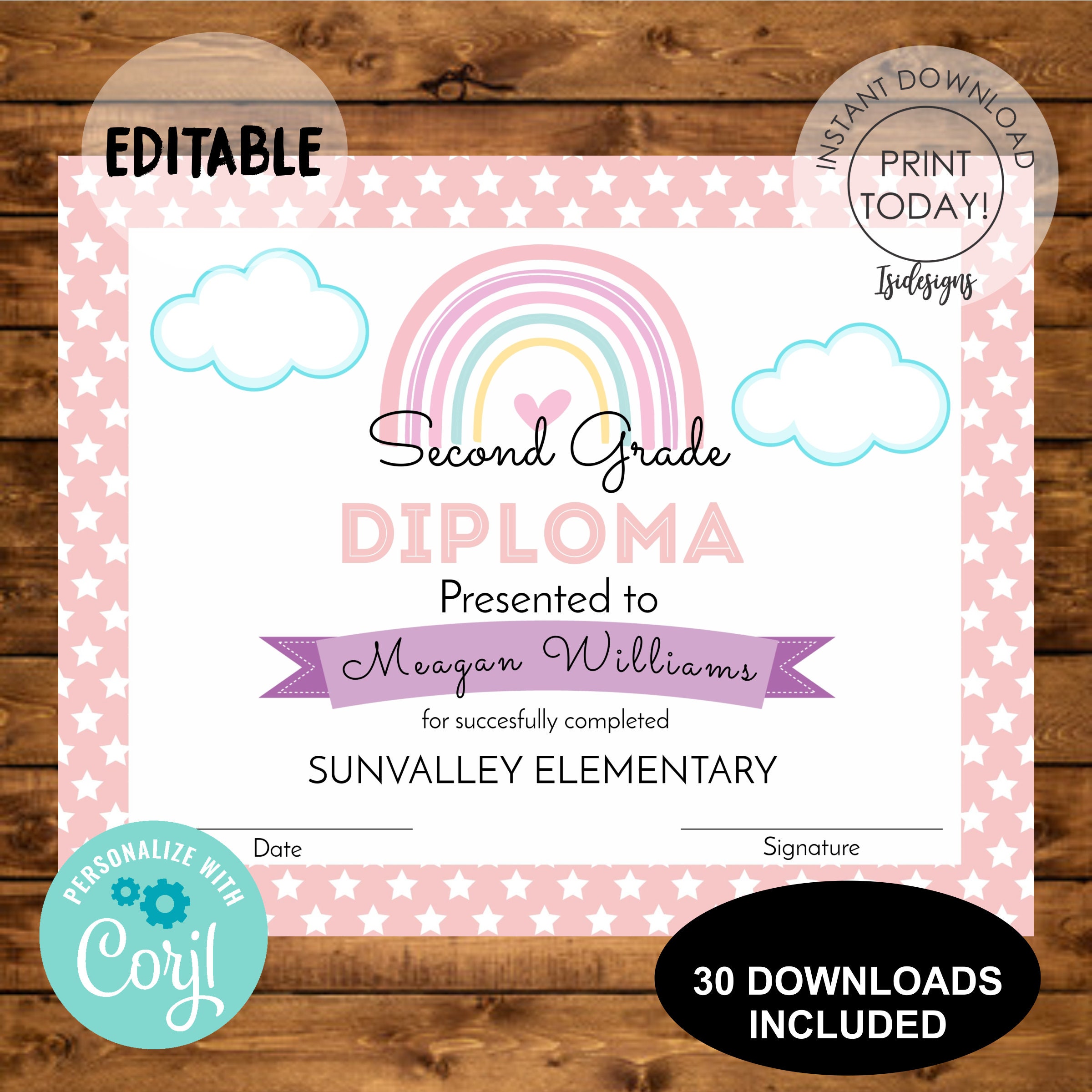 Rainbow Editable Diploma, Graduation Certificate, Instant Download ...