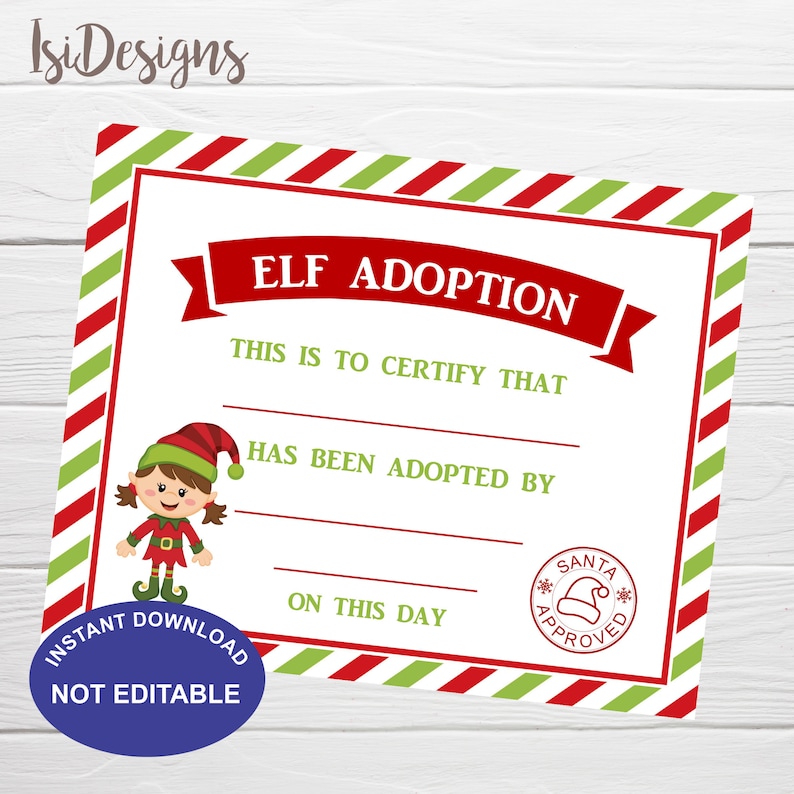 Elf Adoption Certificate Christmas Printable Instant | Etsy