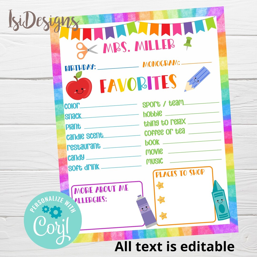 All About My Teacher Survey Editable Questionnaire, Printable Teacher ...