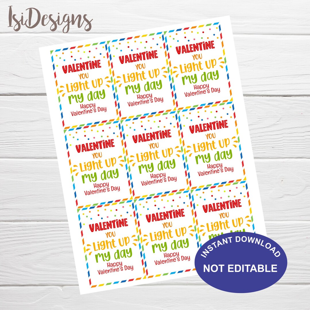 Valentine's Day Card, Glow Stick Favor Tag, Kids Printable Valentine ...