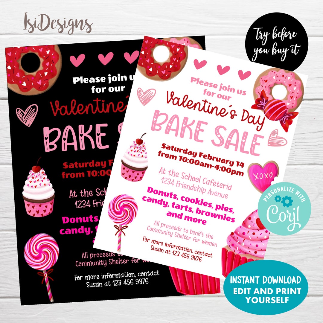 Editable Valentine's Day Bake Sale Flyer, Instant Download, Fundraiser ...