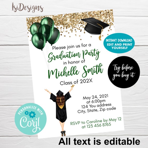 Green and Gold Graduation Editable Invitation, College Graduation Party ...