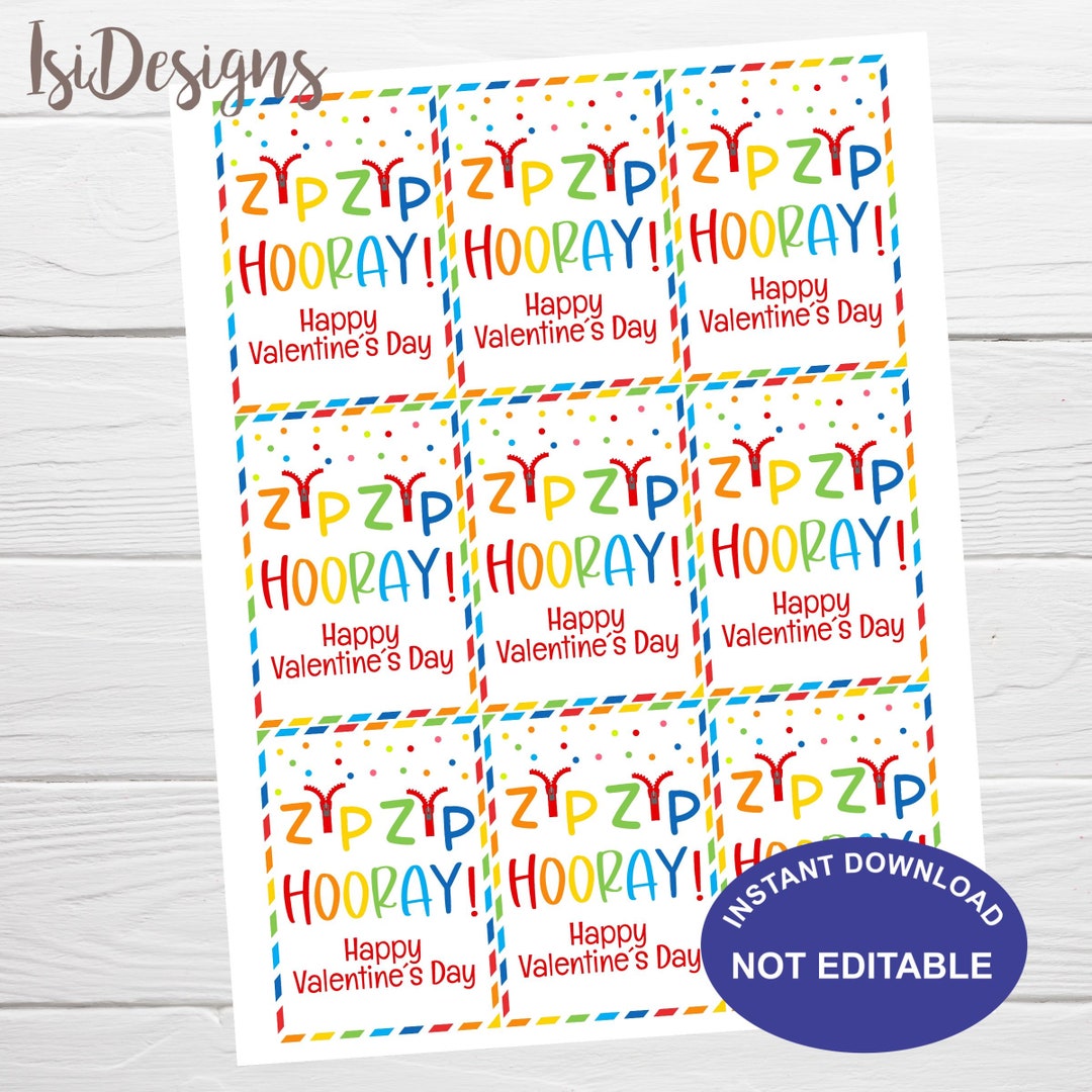 Zip Zip Hooray Valentine's Day Gift Tag, Printable Zipper Bracelet Tag ...