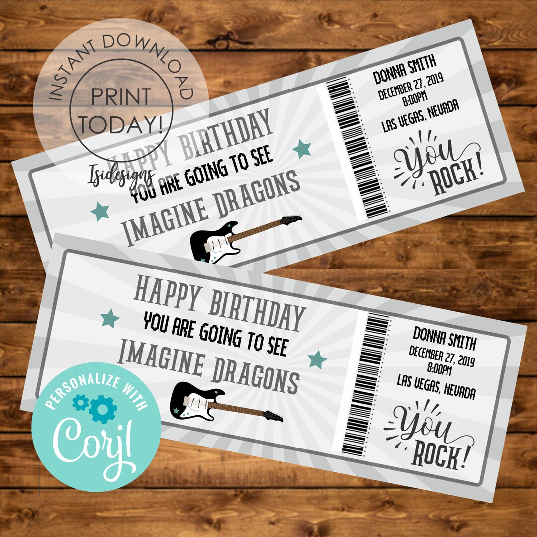 Birthday Gift Rock Concert Ticket, Printable Gift Certificateticket ...