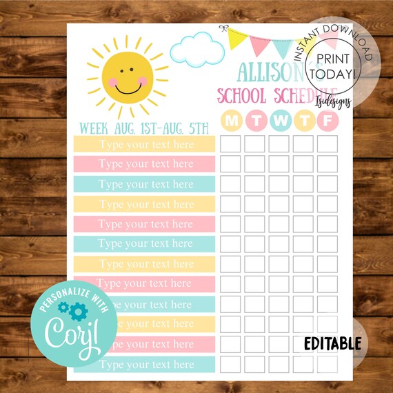 Editable Daily Routine Printable Chart Instant Download Weekly 