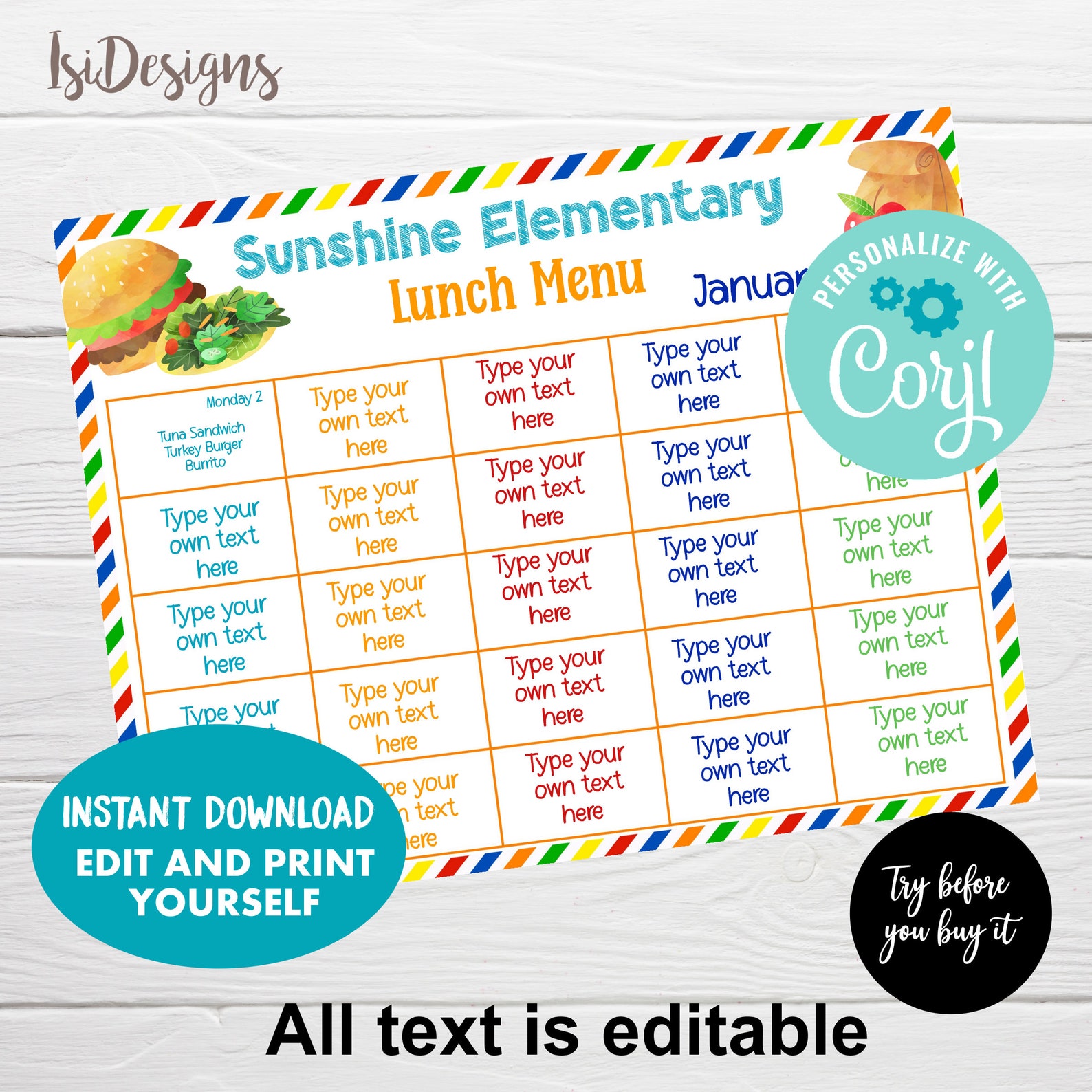 Editable Kids Lunch Planner, Meal Weekly Planner, Lunch Menu for ...
