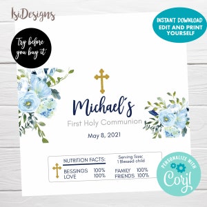 Holy Communion Water Bottle Label, Editable Greenery Communion Favor ...