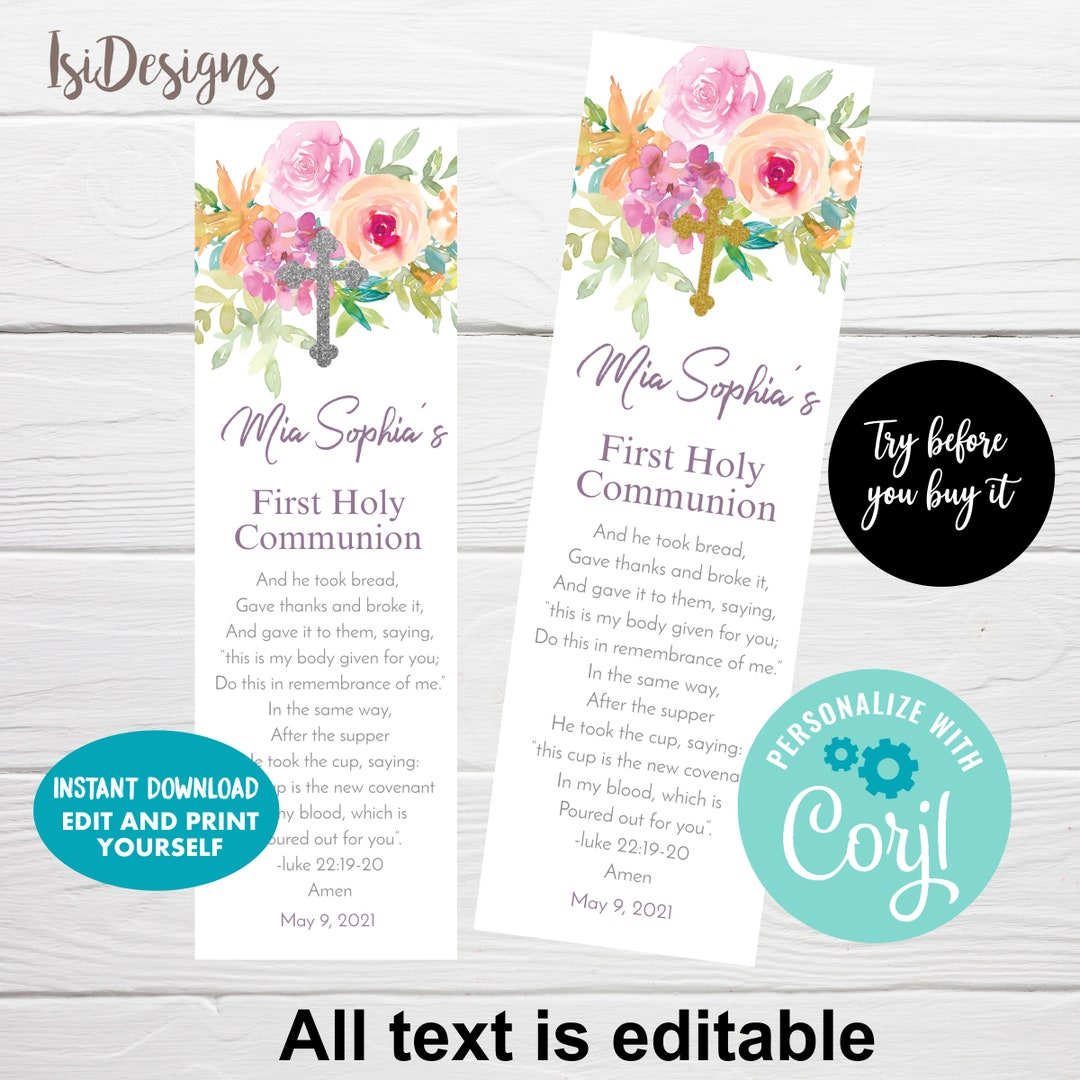 Spring Floral First Communion Bookmarks, Editable Bookmark for Baptism ...