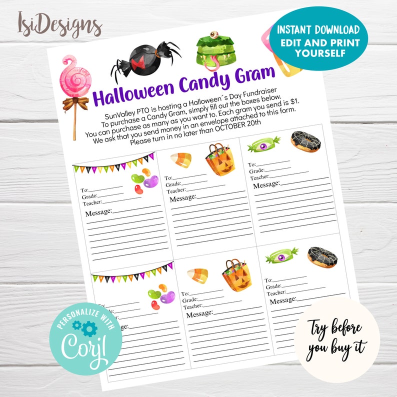 Halloween Candy Gram Editable Template PTO / PTA School | Etsy