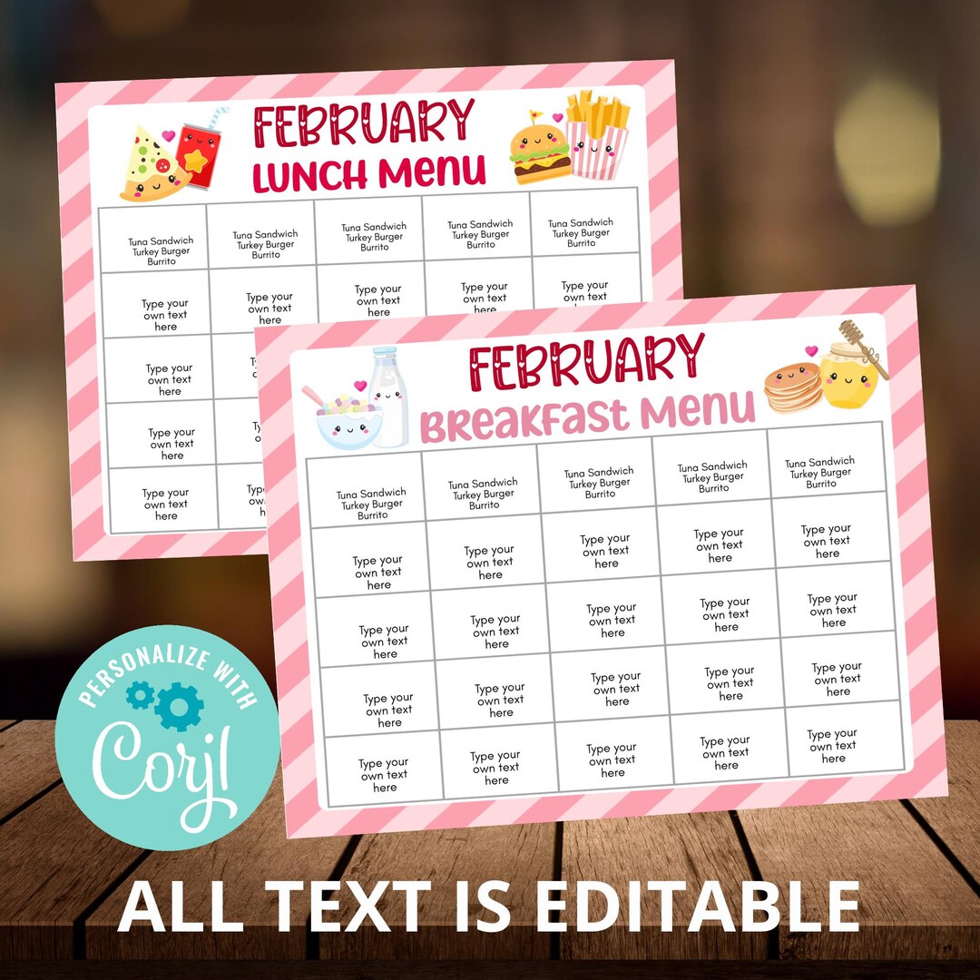 Editable February Daily Kids' Lunch Planner | School Meal Planner ...