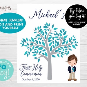 First Communion Guest Book Sign-in Tree, Editable Guest Book ...