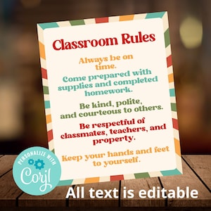 Retro Classroom Rules Poster, Editable Classroom Print, Cafeteria Rules ...