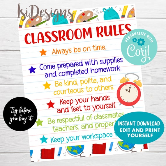Editable Classroom Rules, Instant Download, Classroom Decoration ...