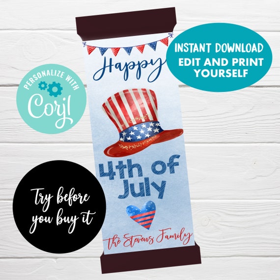 July 4th Candy Bar Wrapper, Instant Download, Editable Chocolate Bar ...