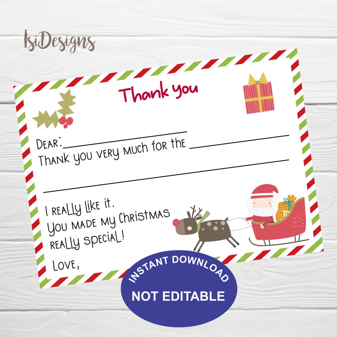 Christmas Thank You Cards for Kids, Instant Download, Printable Santa ...