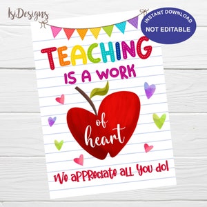 Teacher Week Sign, Teaching is a Work of Heart Printable Sign, Instant ...