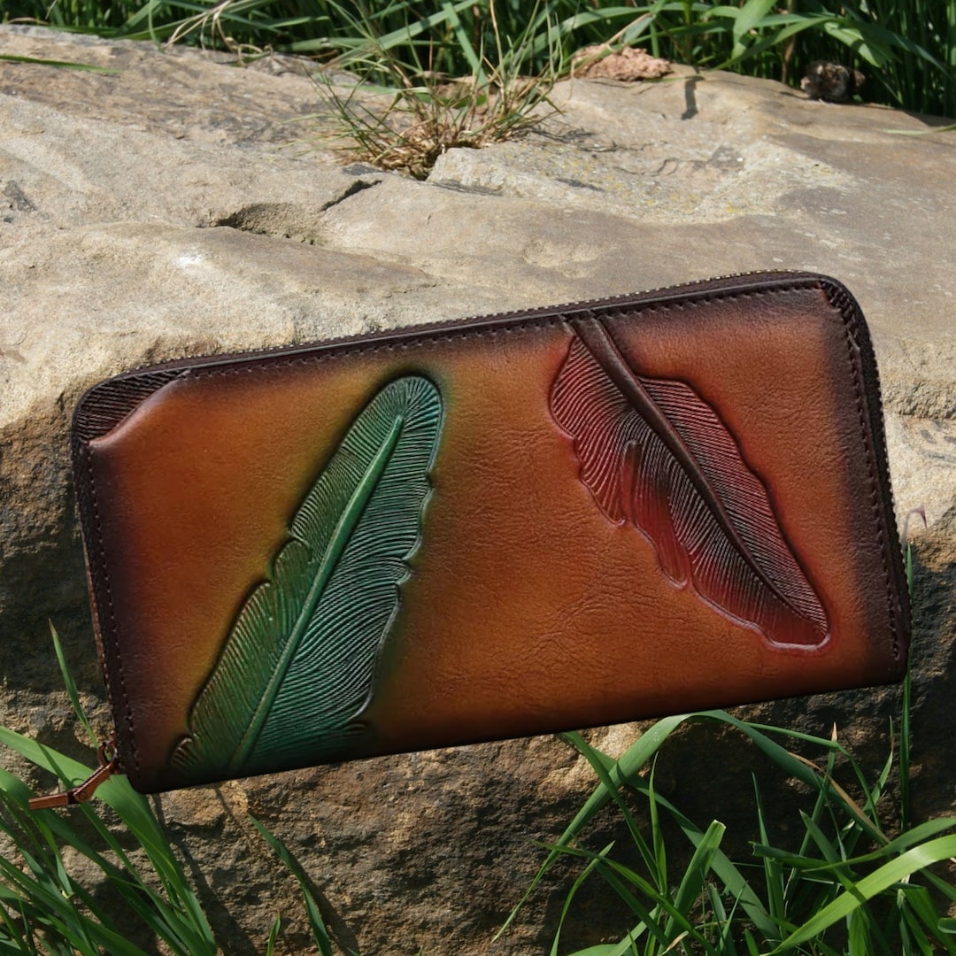 Hand Tooled Orange and Green Feather Design Ladies Wallet, Hand ...