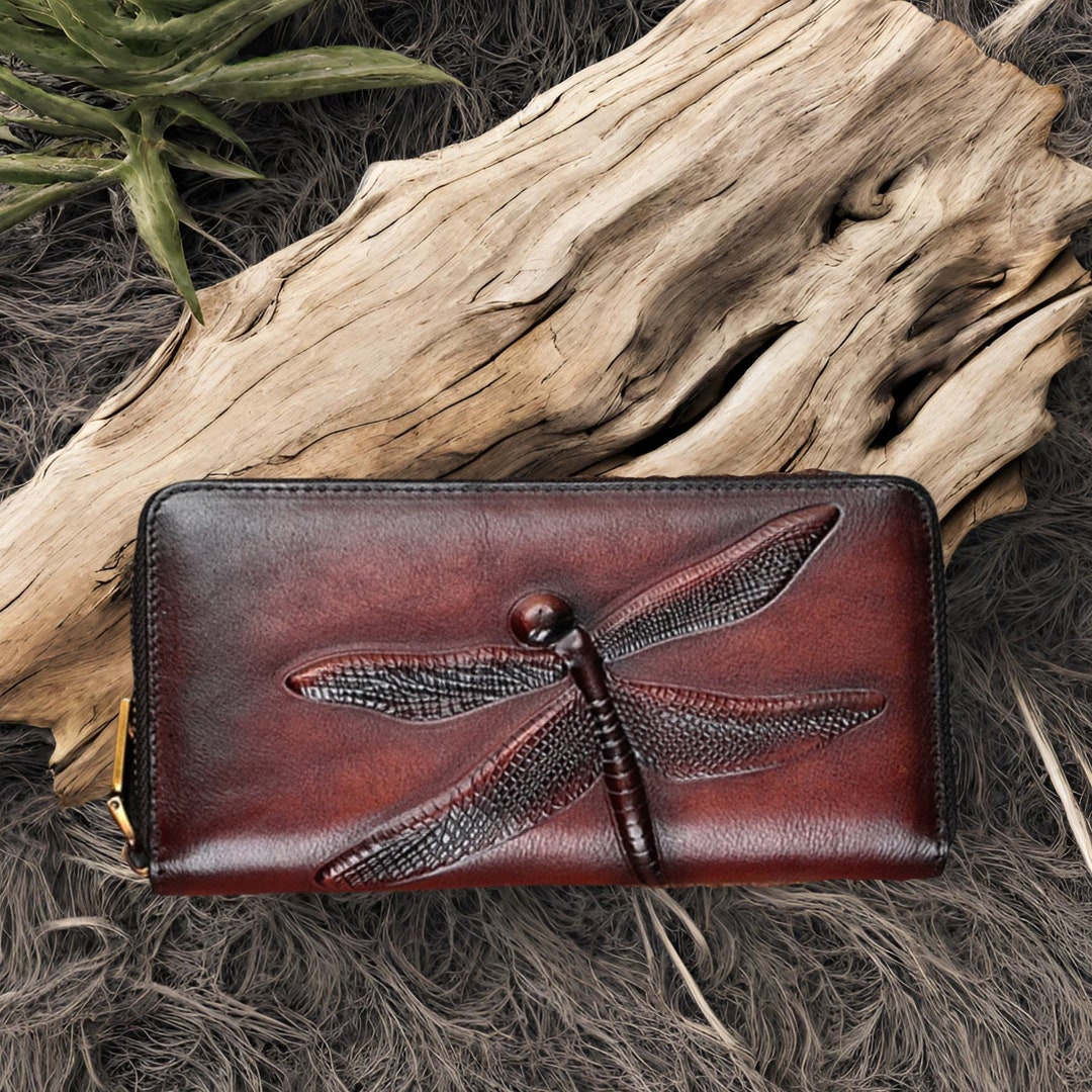 Handmade Ladies Wallet - Hand Embossed Dragonfly Design Leather Wallet ...