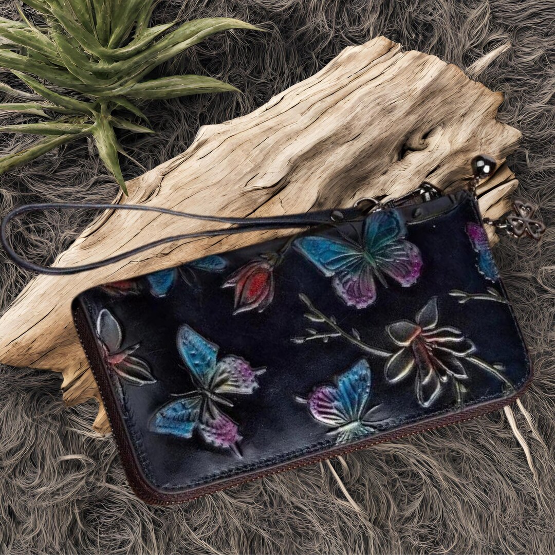 Ladies Butterfly Embossed Full Size Wallet Linen Lined Leather Wallet ...