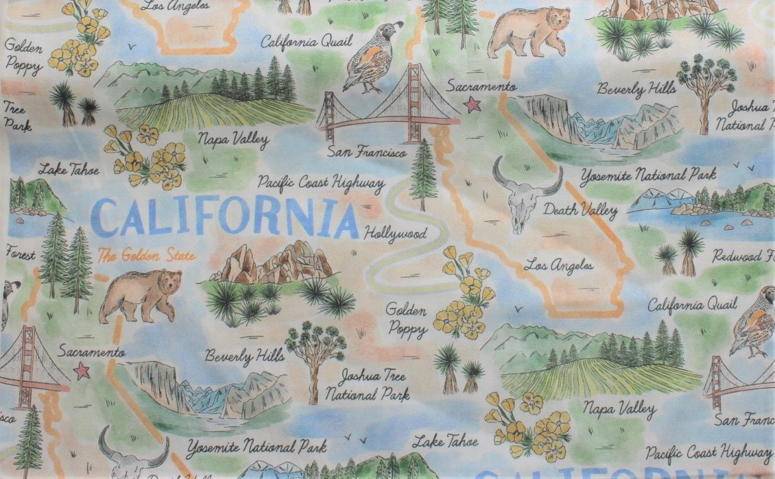 California State fabric by the yard Bear California Landmarks Golden ...