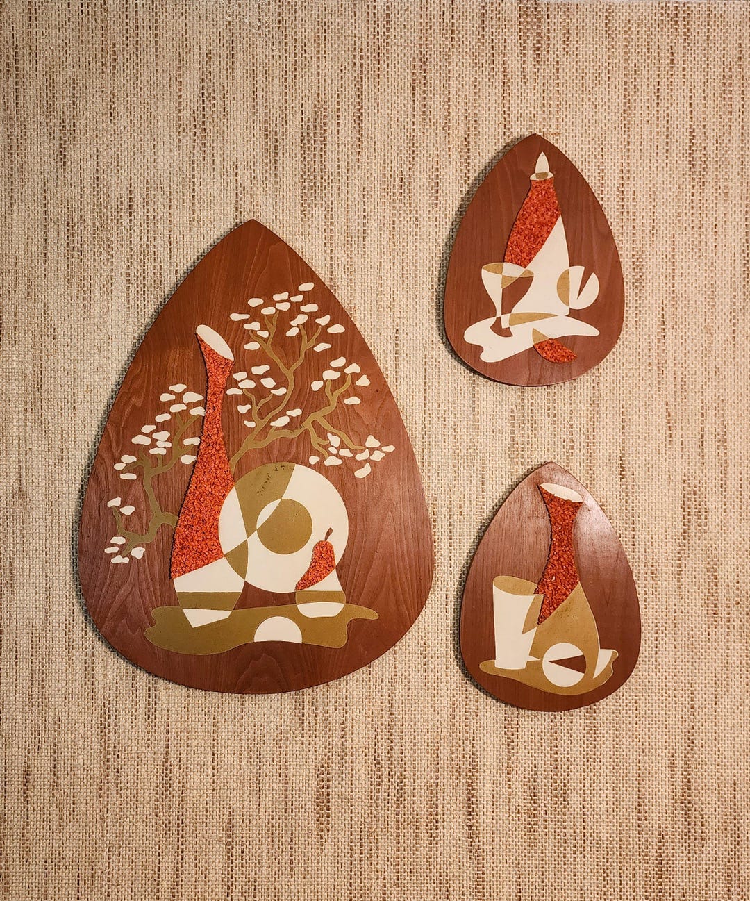 MCM Mid Century 3 Piece Walnut Wall Art Popcorn Gravel Illinois ...