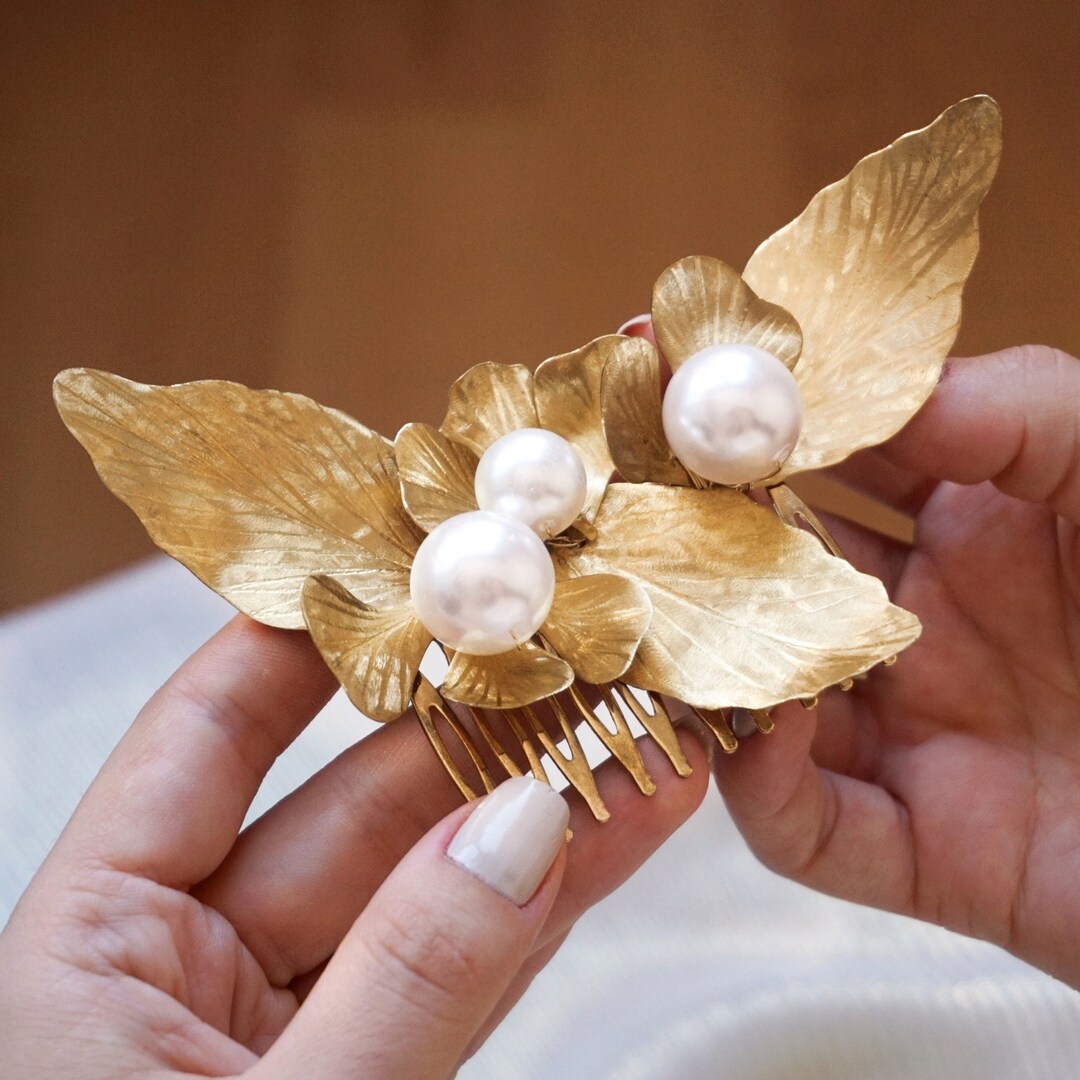 Gold Hair Accessory, Gold Leaf Bridal Hair Comb, Pearls Gold Leaves ...