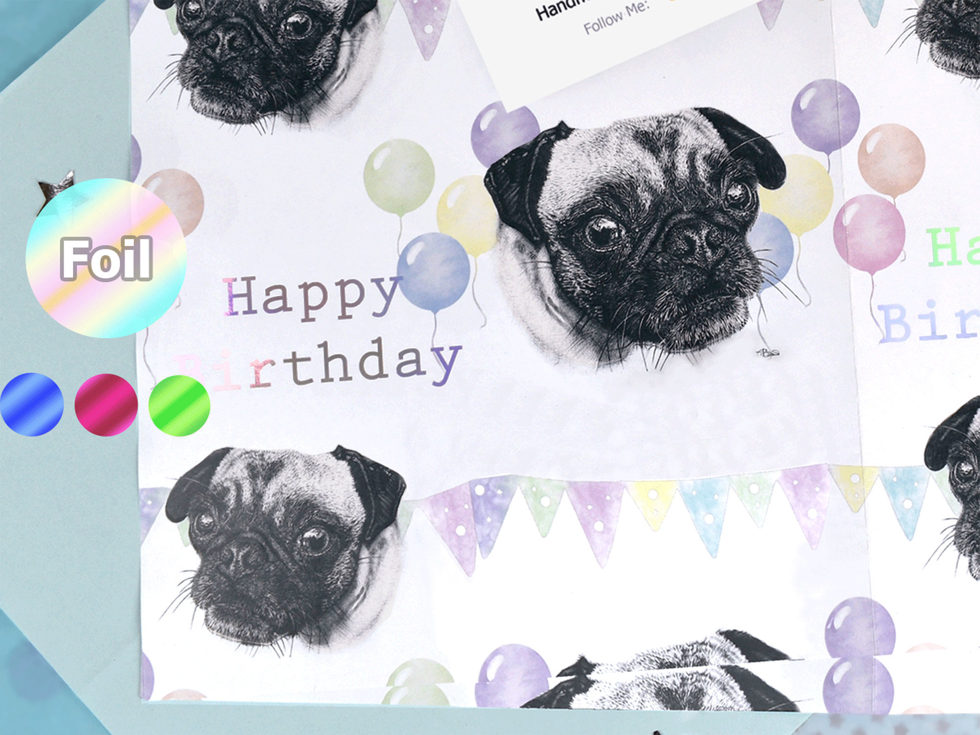 2x A3 Sheets of Pug Dog Foiled Wrapping Paper. Gift Wrap for Canine ...