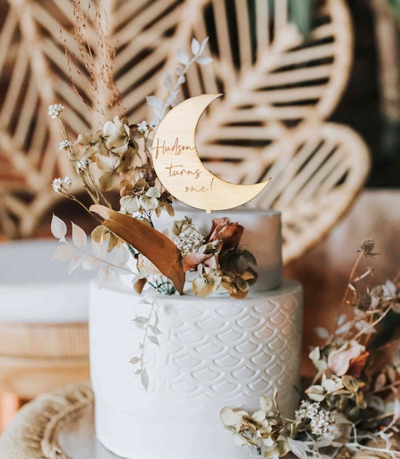 Wooden Engraved Half Moon Cake Topper by Kaivalya Designs | Catch My Party