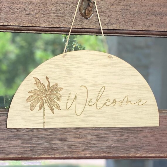 Wooden Engraved Palm Tree Welcome Sign by Kaivalya Designs | Catch My Party