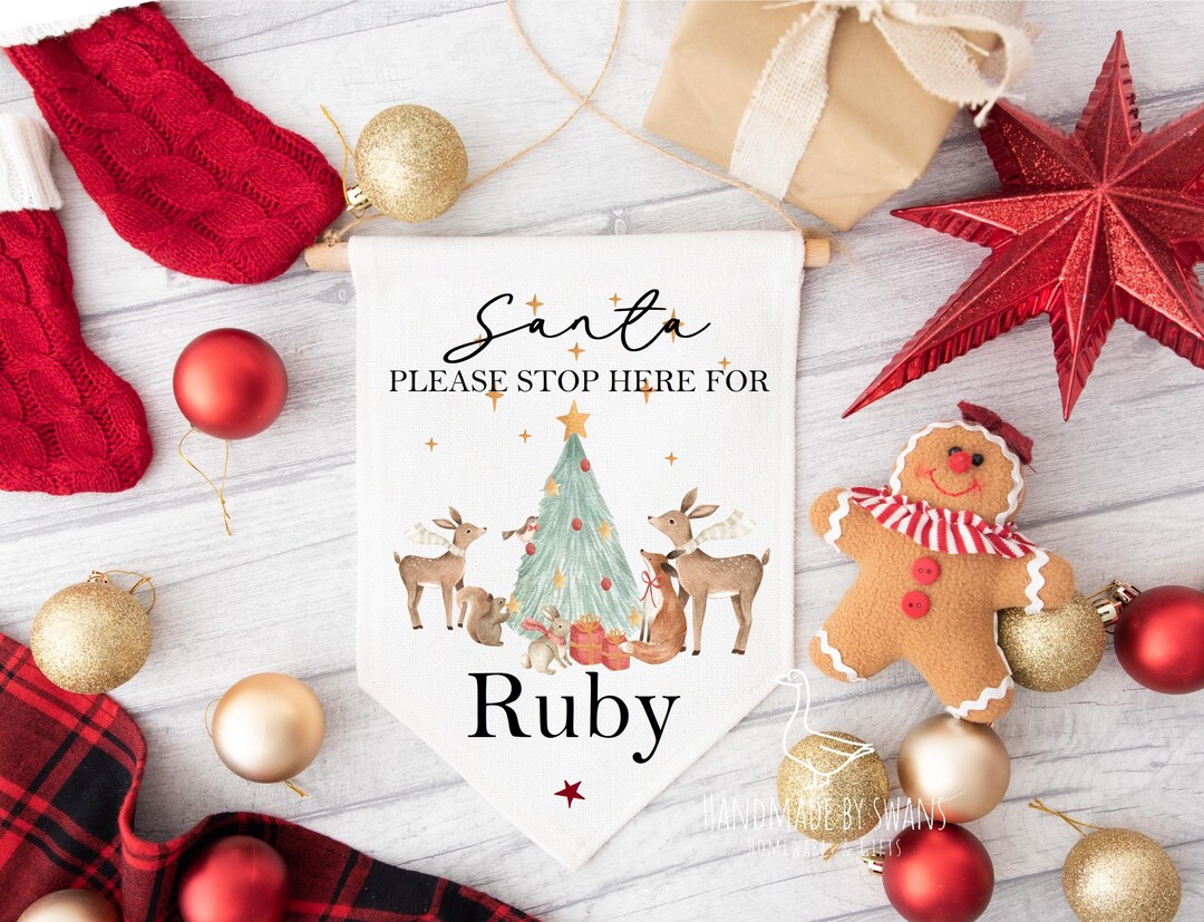 Personalised Santa Please Stop Here Sign, Santa Stop Here Linen Flag ...