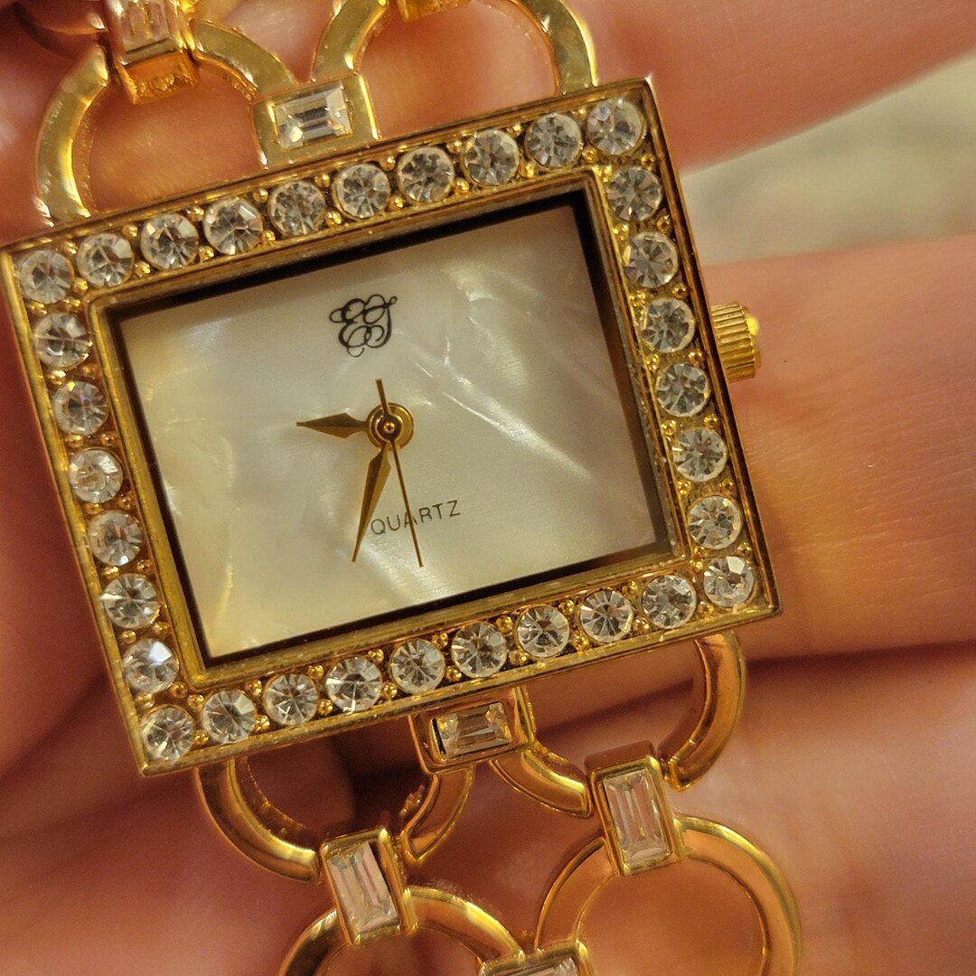 Vintage Watches EJ Gold Square Rhinestone Bracelet Watch Pearl Dial ...