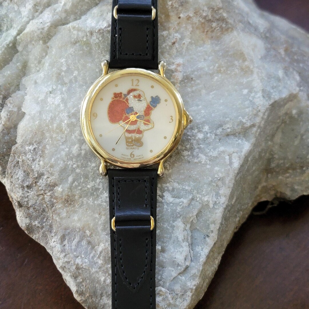 Vintage Santa Claus Quartz Watch W/ Gold Case & Leather Strap Christmas ...