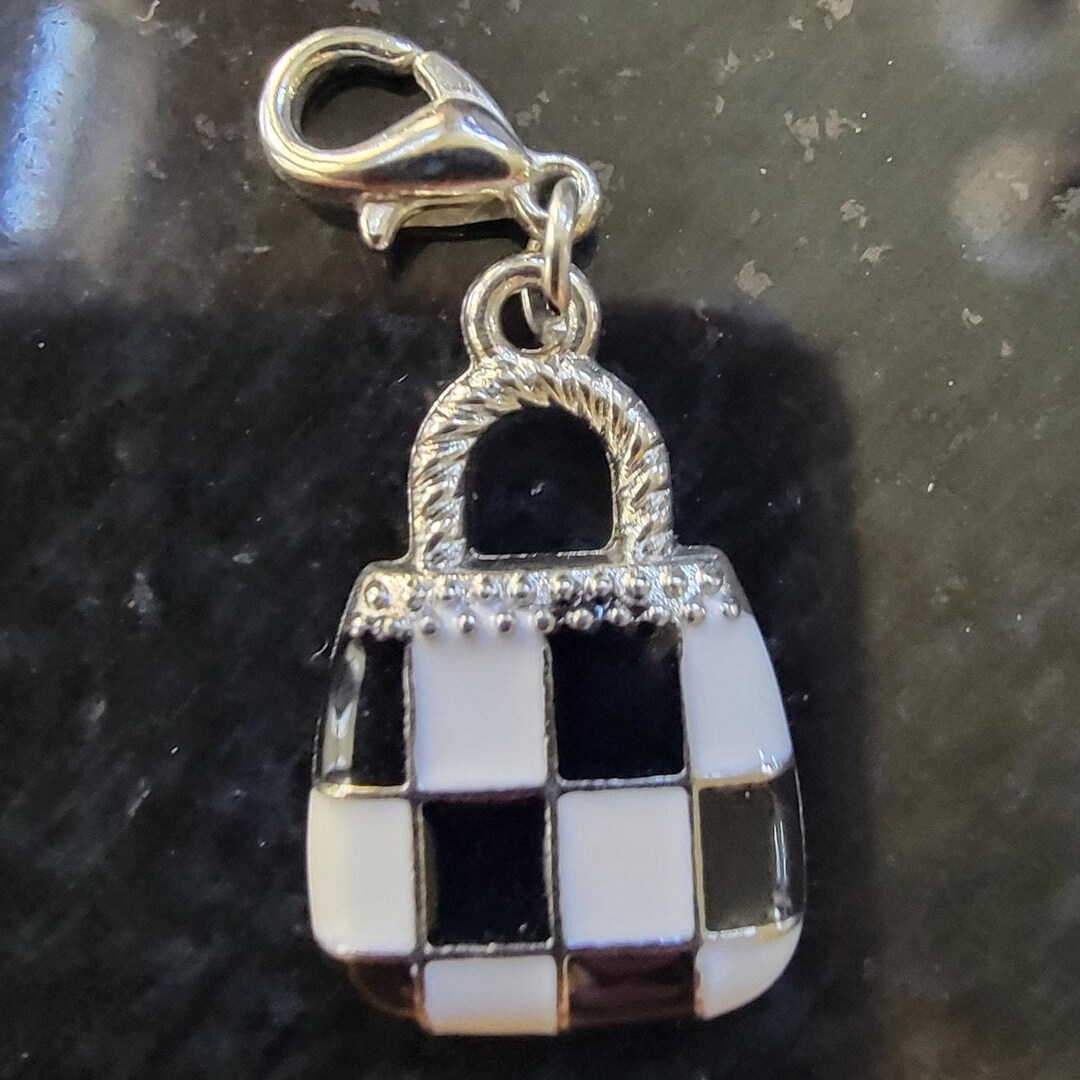 Black & White Checkered Purse Charm With Lobster Clasp Enamel Handbag ...