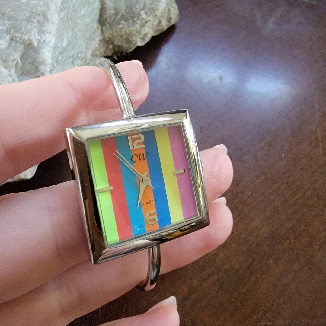 Vintage Watches CW Bangle Watch Rainbow Stripe Dial Square Face Silver ...