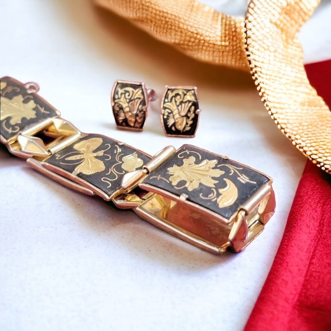 Vintage Amita Japan Damascene Bracelet & Earrings Exquisite Mixed Metal ...