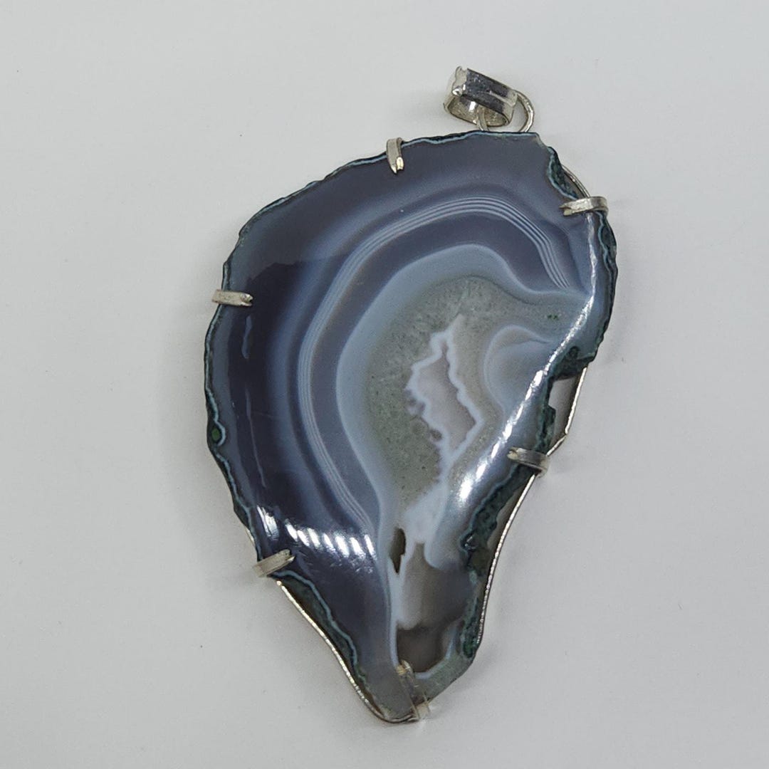 Green and Gray Banded Agate Slice Pendant With Sterling Silver Setting ...