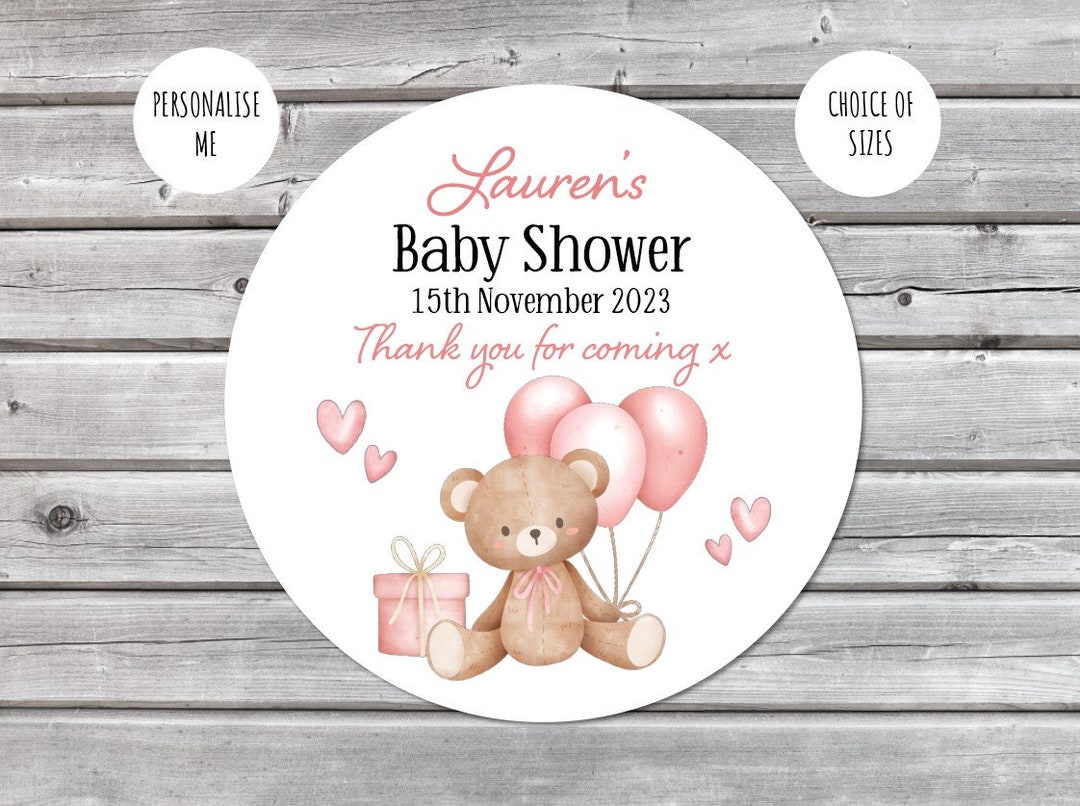 Personalised Baby Shower Stickers Cute Teddy Bear Birthday Party ...