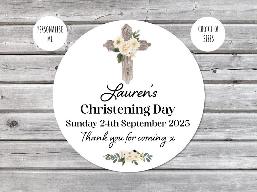 Personalised Christening Baptism Stickers Floral Cross Design Party Bag ...