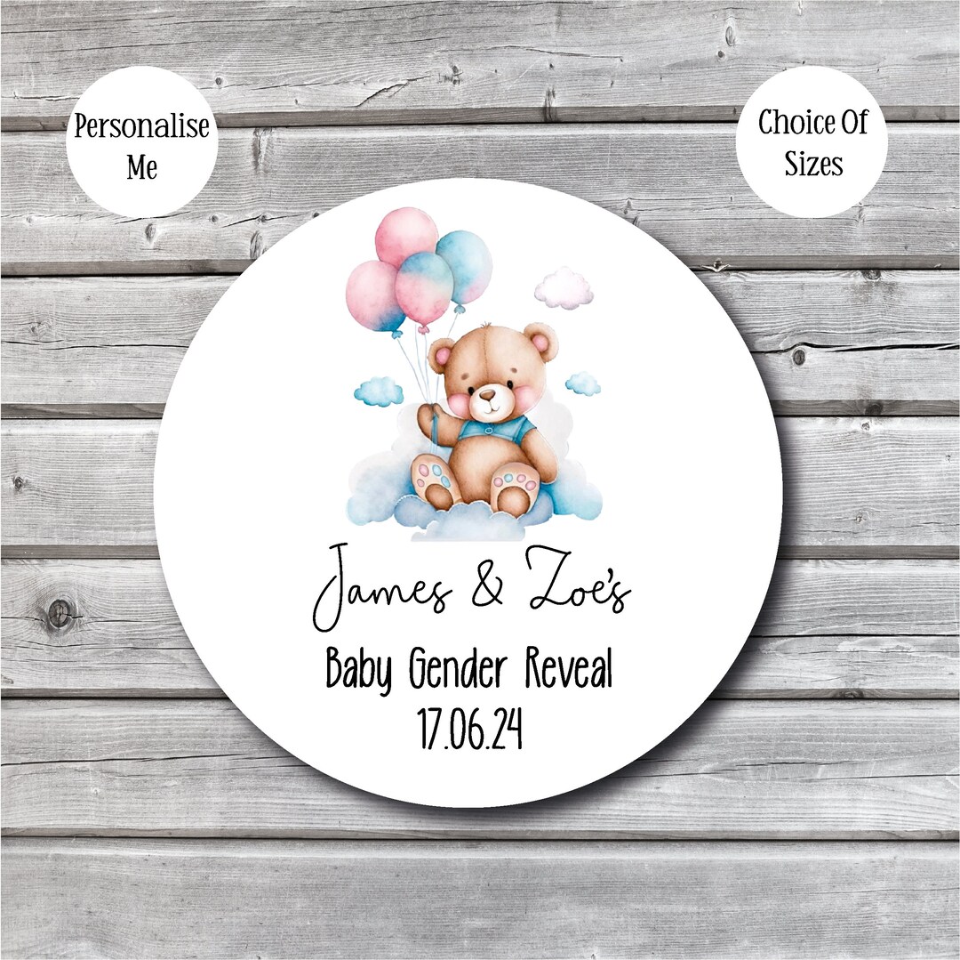 Personalised Baby Gender Reveal Stickers Cute Teddy Bear Party Bag ...