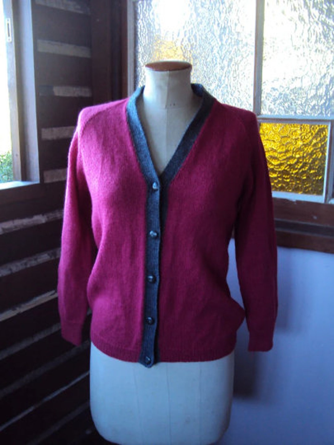 Vintage Hand Knit Hot Pink Cardigan With Grey Trim Size 12 - Etsy
