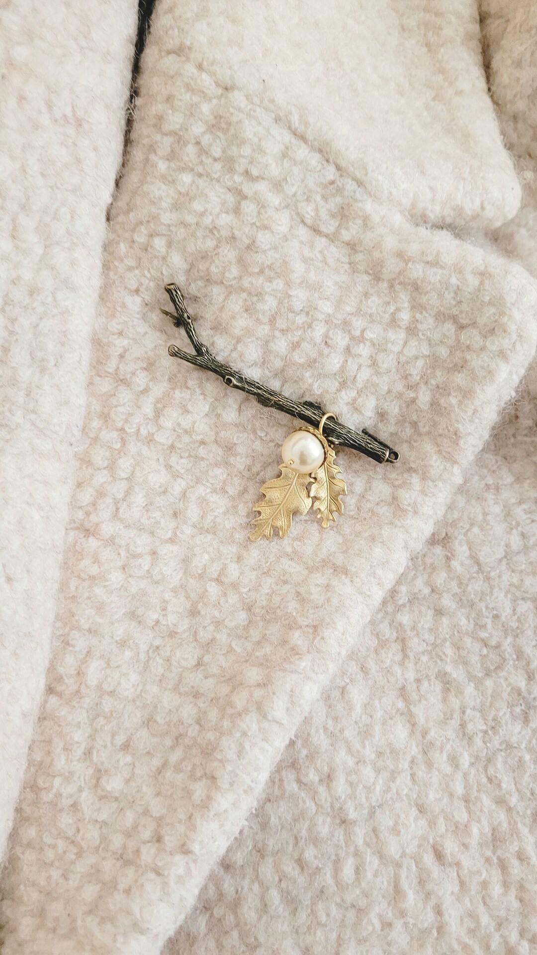 Rustic Twig Brooch Pin, Raw Brass Oak Leaf, Swarovski Pearl Acorn - Etsy