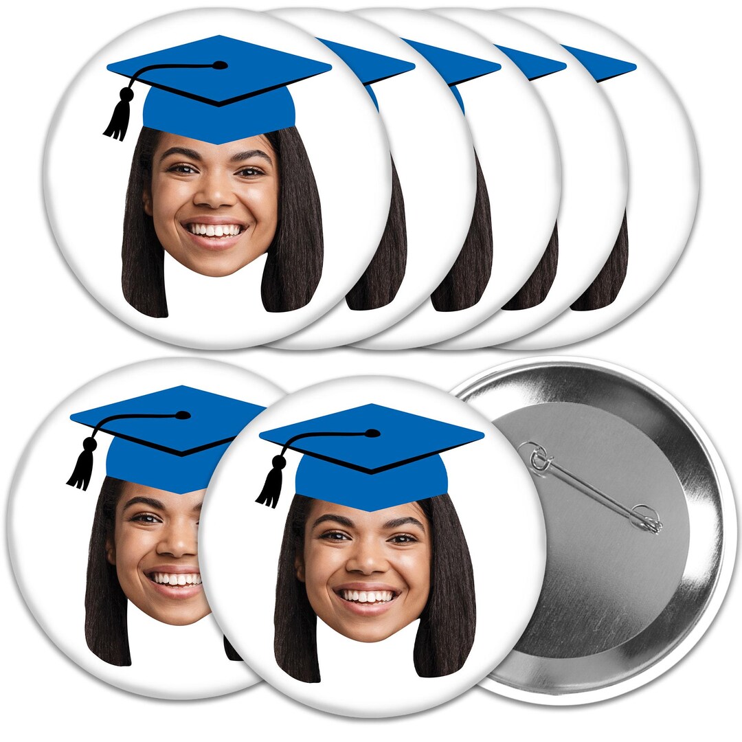 Blue Grad Cap Face Cutout Button, Personalized Graduation Party Favors ...