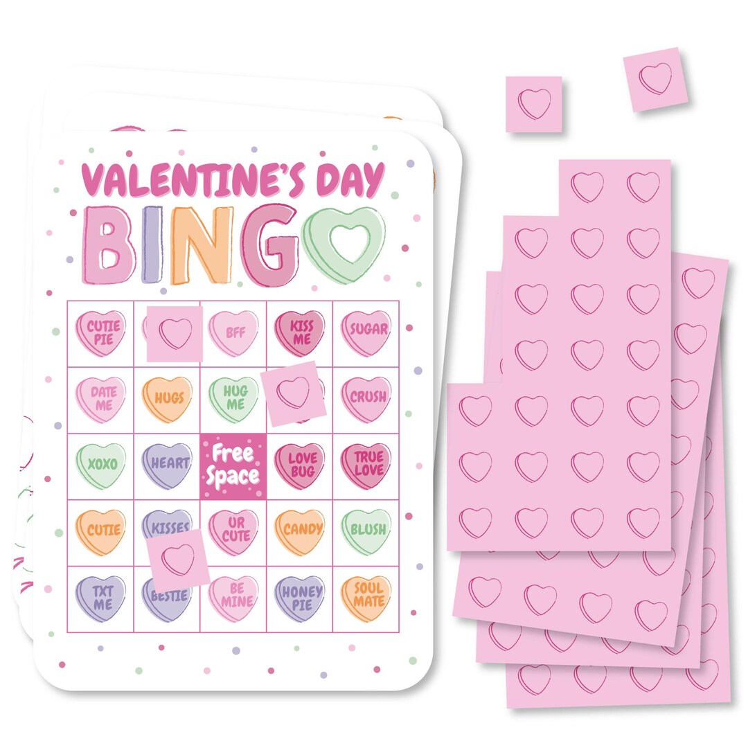Valentine Hearts Bingo Game, Candy Hearts Picture Cards With Markers ...