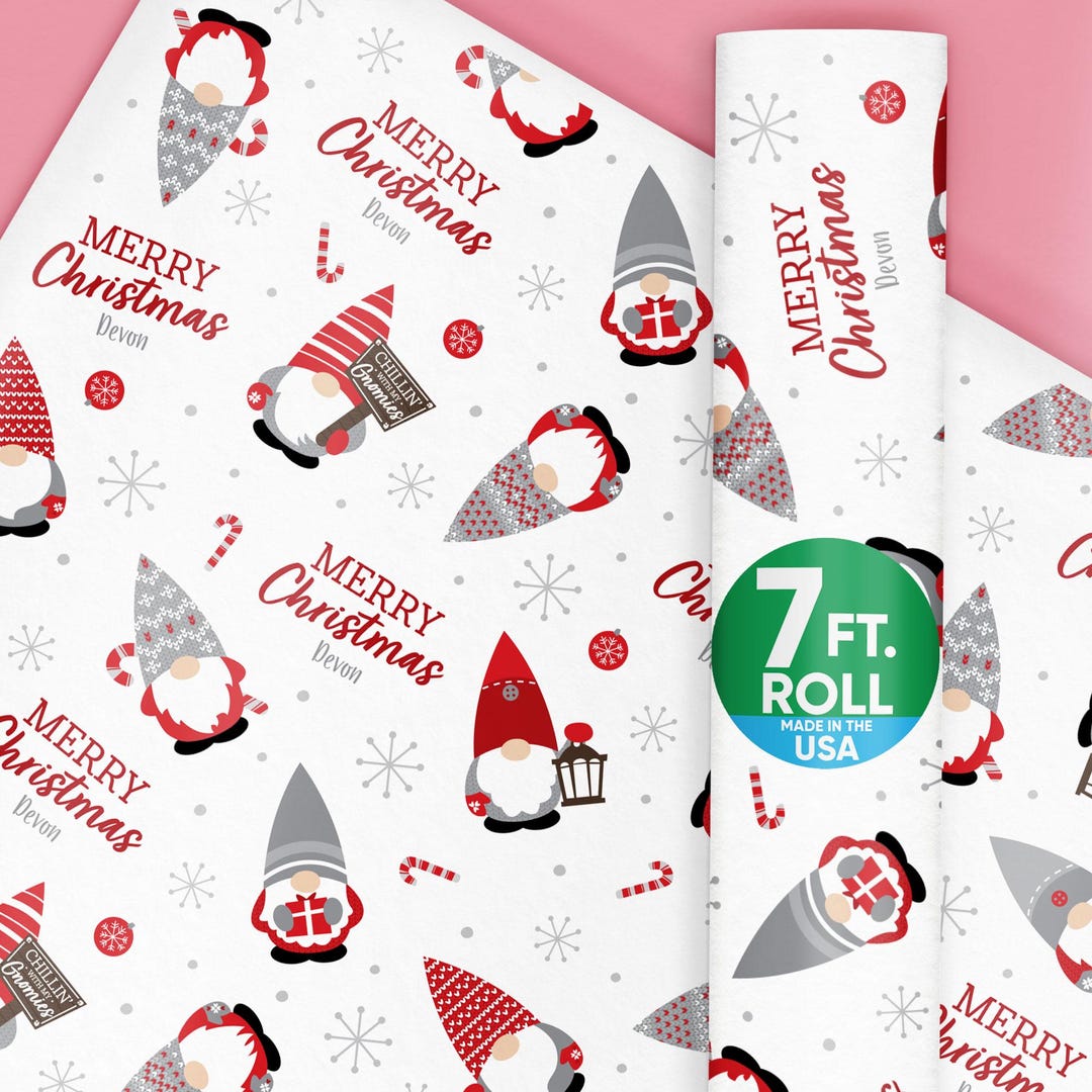 Custom Name Christmas Gnomes Wrapping Paper, Personalized Holiday Party ...
