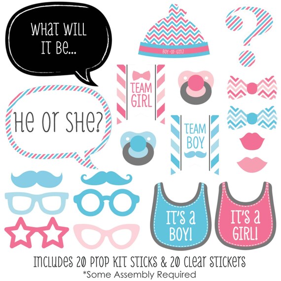 20 Chevron Gender Reveal Photo Booth Props with Mustache, Hats, Bow ...