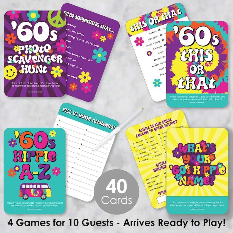 60’s Hippie - 4 1960s Groovy Party Games - 10 Cards Each - Gamerific ...